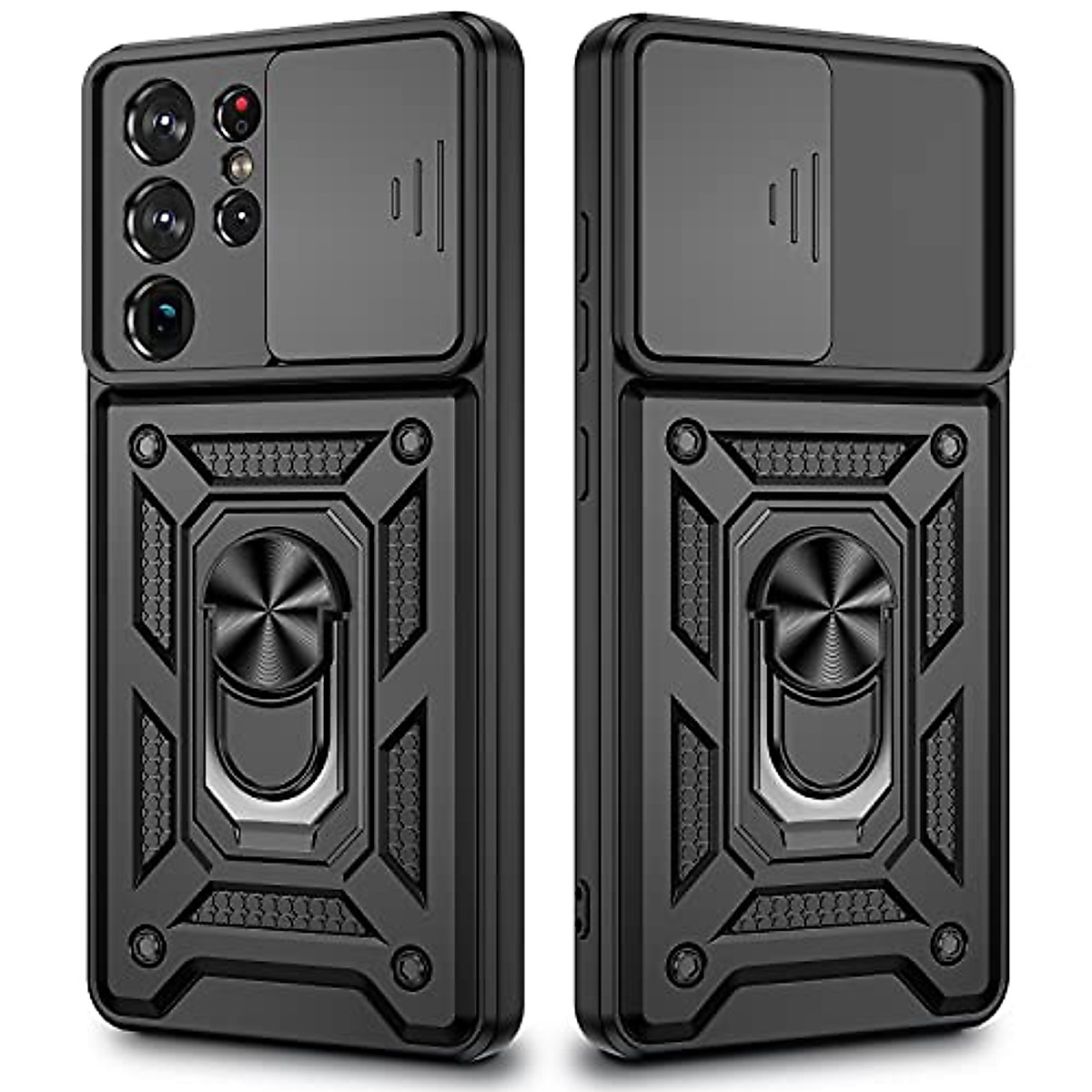 VEGO for Galaxy S21 Ultra Case with Slide Camera Cover, Built-in 360° Rotate Ring Kickstand Magnetic Cover Case for Samsung Galaxy S21 Ultra 5G 6.8 inch - Black