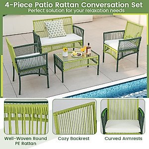 Tangkula 4 Pieces Outdoor Rattan Chair Set, Patiojoy Patio Wicker Conversation Set W/Soft Cushions, Tempered Glass Tabletop, Solid Metal Frame, for Backyard, Poolside, Balcony
