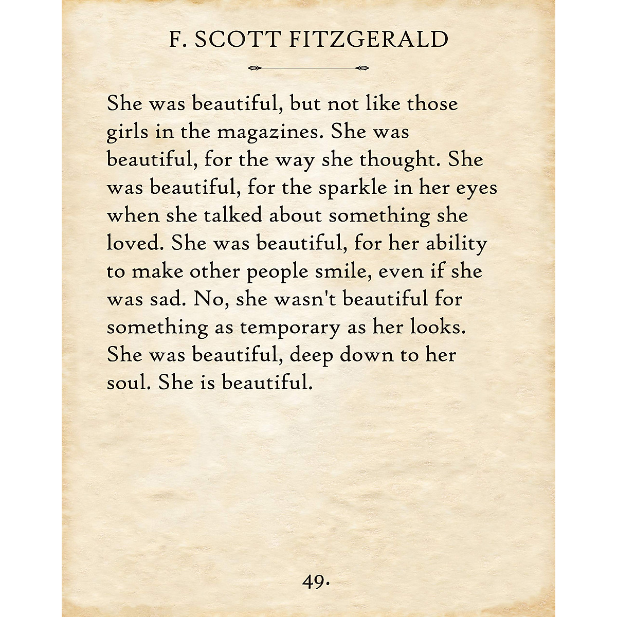 F. Scott Fitzgerald - She was Beautiful - Inspirational Home and Room Decorations, Woman Love Quotes Decor, Gift for Wedding and Book Lovers, Choose Unframed Classic Book Page Poster or Canvas