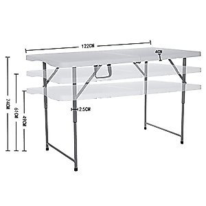 Lakhow 122CZ Folding Tables Camping Table 4FT Adjustable Height（ 49/61/74CM） Portable Dining Table Party,Height Adjustable Craft Camping and Utility Folding Table,White Granite