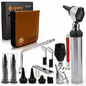 CynaMed ENT Diagnostic Kit - Ear, Nose, Throat Examination Instruments Set - Otoscope, Opthalmoscope, Earwax Remover, Nasal Dilator, Speculum, LED Lights, Mirrors, Replacement Tips, Leather Carry Bag