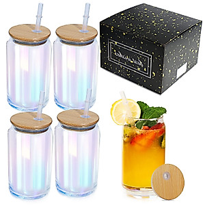 4 Pack Glass Cups with Bamboo Lids and Straws, 16 oz Iced Coffee Cup, Iridescent Drinking Glasses, Beer Glasses, Cute Tumbler Cup, Glass Cups for Valentines Day Gift Cocktail, Party Favors, Juice