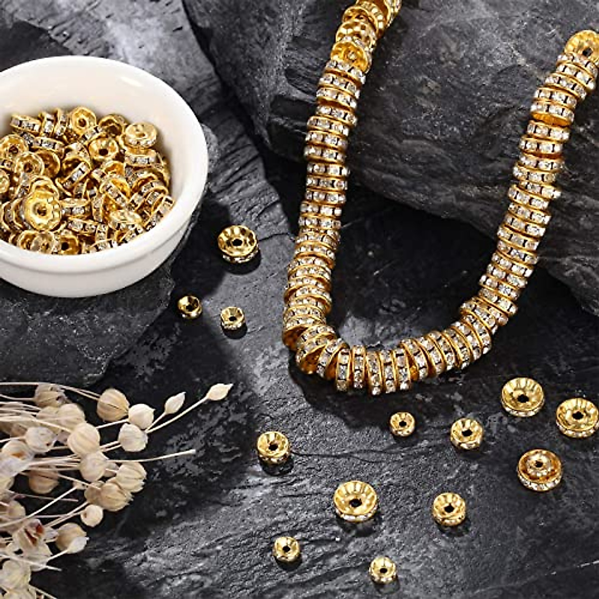 800 Pieces Round Rondelle Spacer Beads Crystal Rhinestone Loose Bead Rondelle Charm Beads 6 mm 8 mm 10 mm for Necklaces Bracelets Jewelry Making (Gold, Silver)