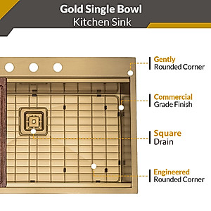 Strictly Sinks 33” Topmount Kitchen Workstation Sink Gold Single Bowl 16 Gauge Stainless Steel Drop In Sink With Scratch, Stain Resistant Colander, Cutting Board, Bottom Grid & Square Disposal Adapter