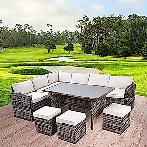 Koruiten Outdoor Patio Furniture Sets, 7 Pieces Outdoor Sectional Couch Sofa with Dining Table and Chair, All Weather PE Wicker Rattan with Ottoman for Pool, Garden, Backyard, Beige
