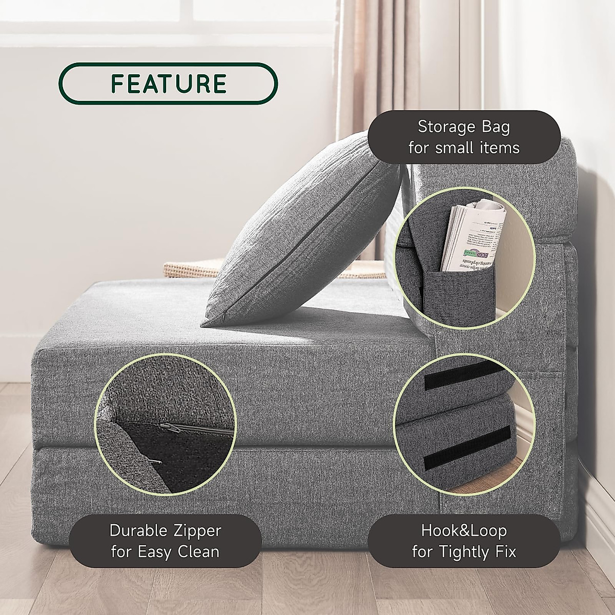Z-hom Folding Sofa Bed, 2024 Upgraded 6 inch Memory Foam Couch, Convertible Sleeper Chair Floor Couch, Futon Sofa Sleeper Chair with Pillow & Washable Cover for Living Room/Bedroom/Guest, Grey