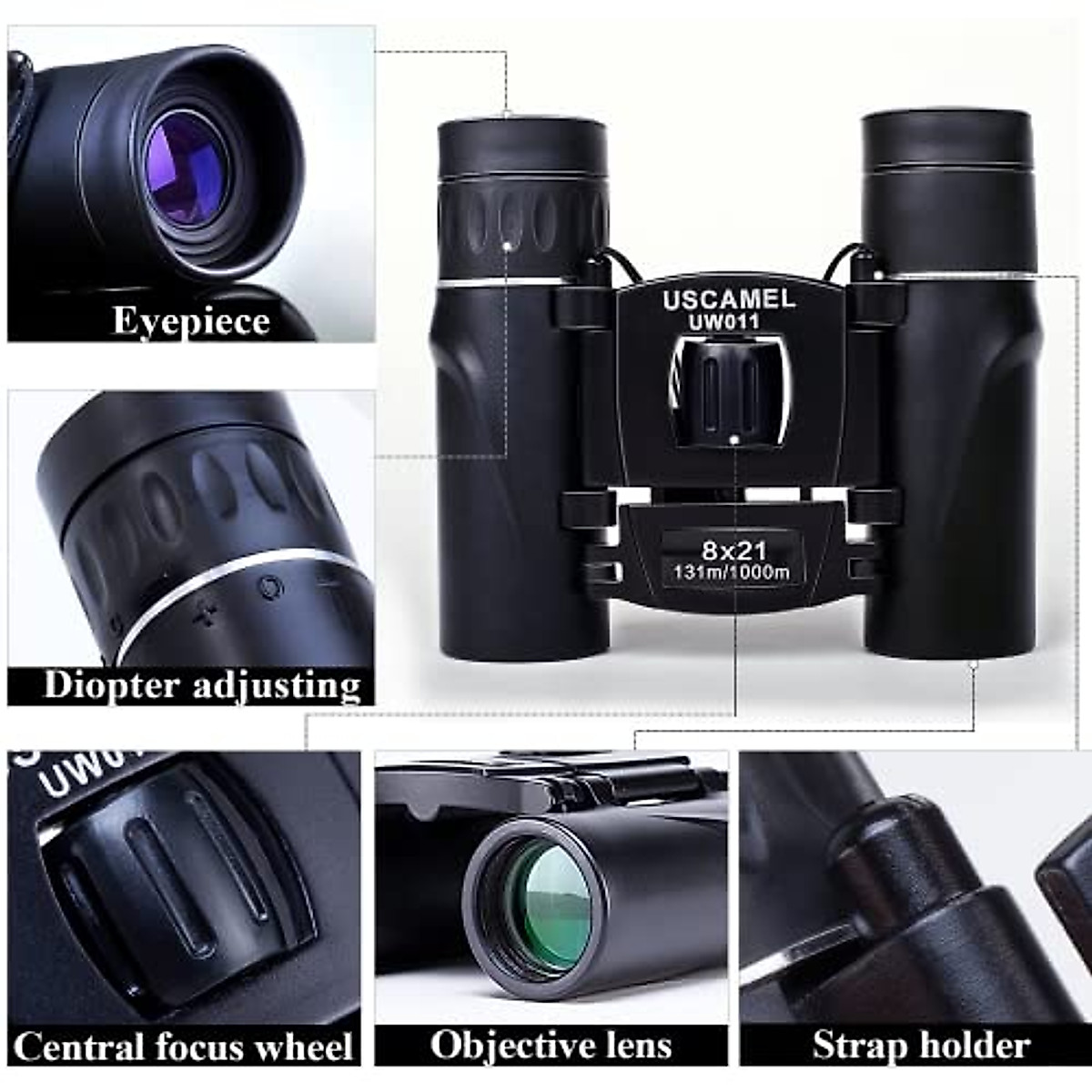 USCAMEL Folding Pocket Binoculars Compact Travel Mini Telescope HD Bak4 Optics Lenes Easy Focus 8x21 Colour Black