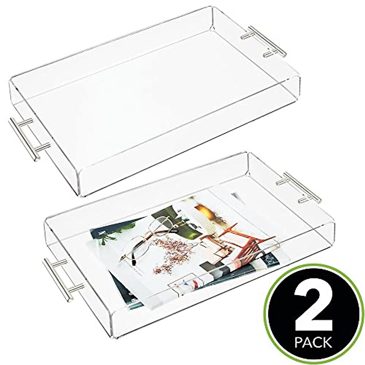 mDesign Modern Acrylic Rectangular Serving Tray with Handles for Food, Tea, Coffee, Breakfast, Snacks, Cheese, Appetizers - Use in Kitchen, Bathroom, Office - Small, 2 Pack - Clear/Stainless Steel