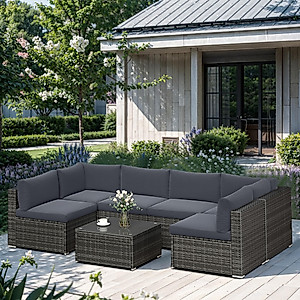 SUNVIVI OUTDOOR 7 Piece Patio Furniture Sets All Weather Gery PE Wicker Couch Sofa with Glass Table, Removable Dark Grey Cushions