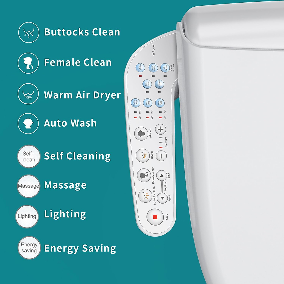 Electric Bidet Toilet Seat,bidets for existing toilets，elongated，One-click intelligent operation, Warm Water Cleaning， slow close，Seat cushion keep constant temperature in winter，With a dryer,White