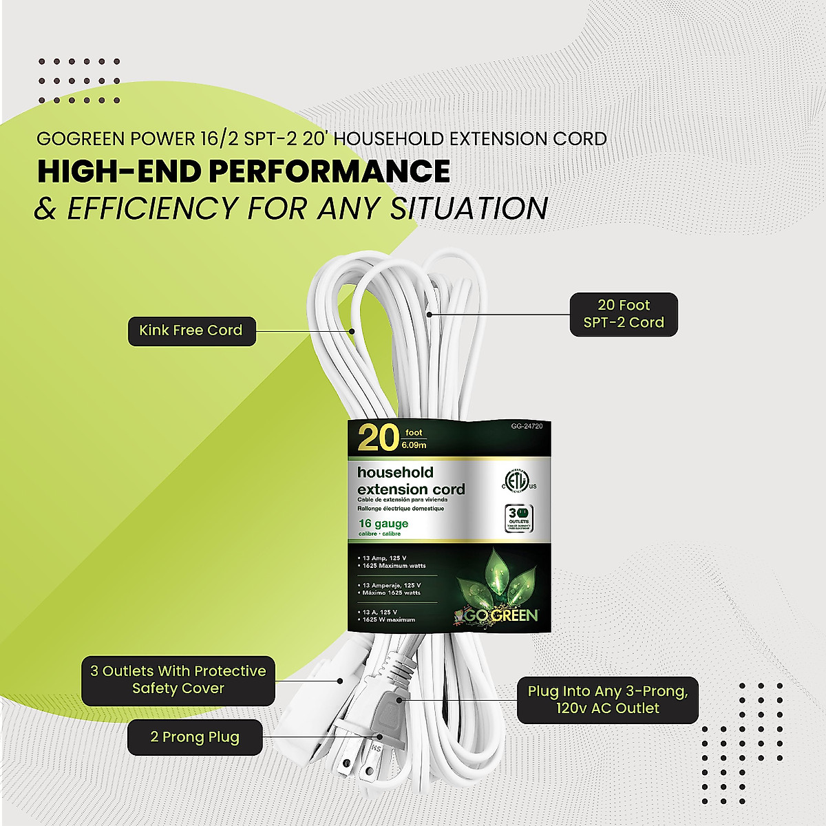 Go Green Power Inc. 20ft Household Extension Cord, White, 3 Outlets, 16/2, Indoor Use Only - Safe, Reliable, and Child-Safe Covers - Ideal for Everyday Electronics