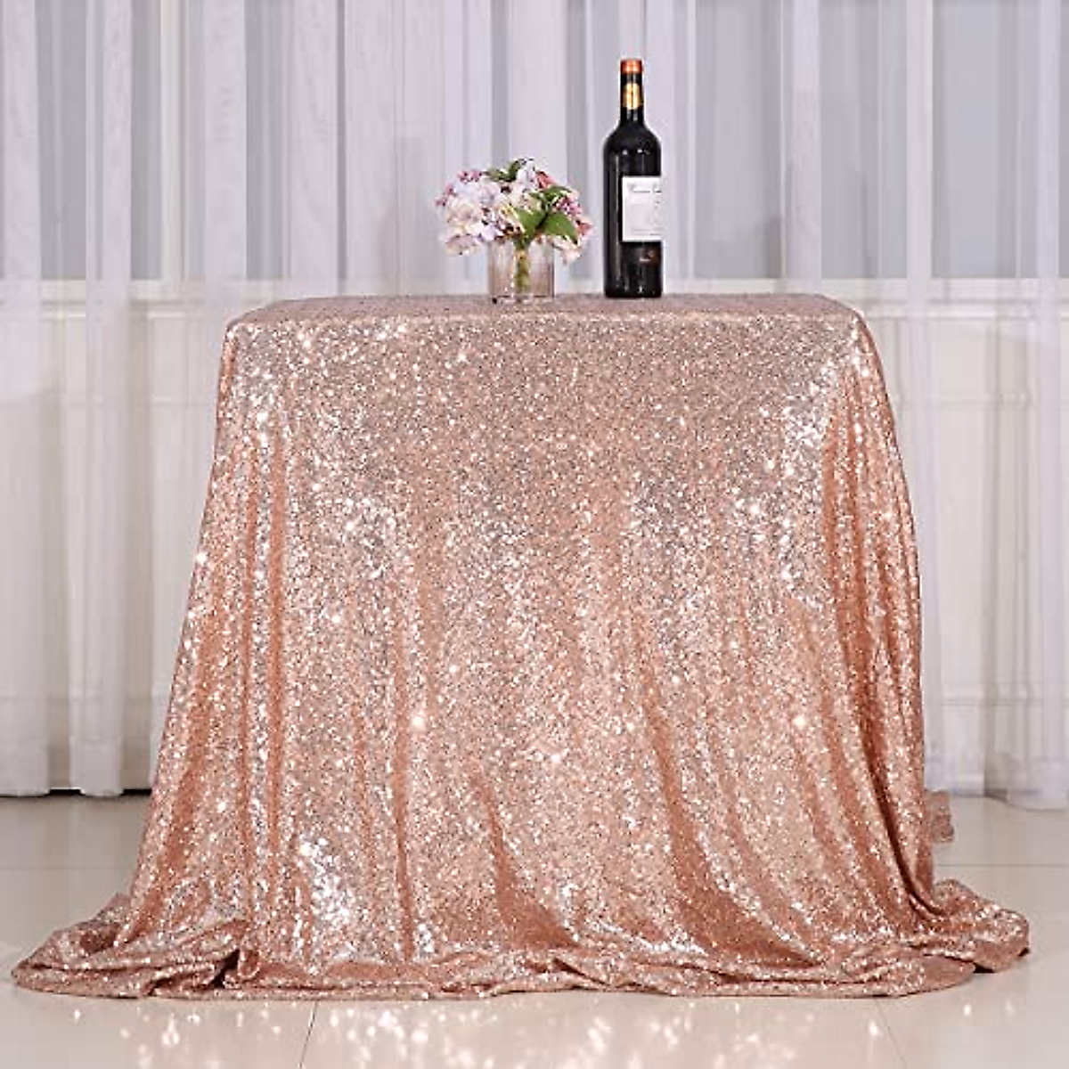 PartyDelight Rose Gold Sequin Wedding Tablecloth 50 by 50 Inch Square Polyester Sequin Overlay, Shiny Sequin Quality Tablecloth for Special Event Or Party（Rose Gold，50x50）