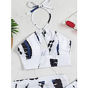 MakeMeChic Women's 3 Piece Swimsuits Halter Cutout Bikini Set Bathing Suit with Cover Up Skirt Black and White S