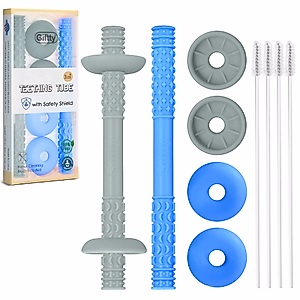 Giftty Teething Tube with Safety Shield Baby Hollow Teether Sensory Toys Gum Massager, Food-Grade Silicone for Infant 3-12 Months Boys Girls, 1 Pair with 4 Cleaning Brush Included (Blue+Grey)