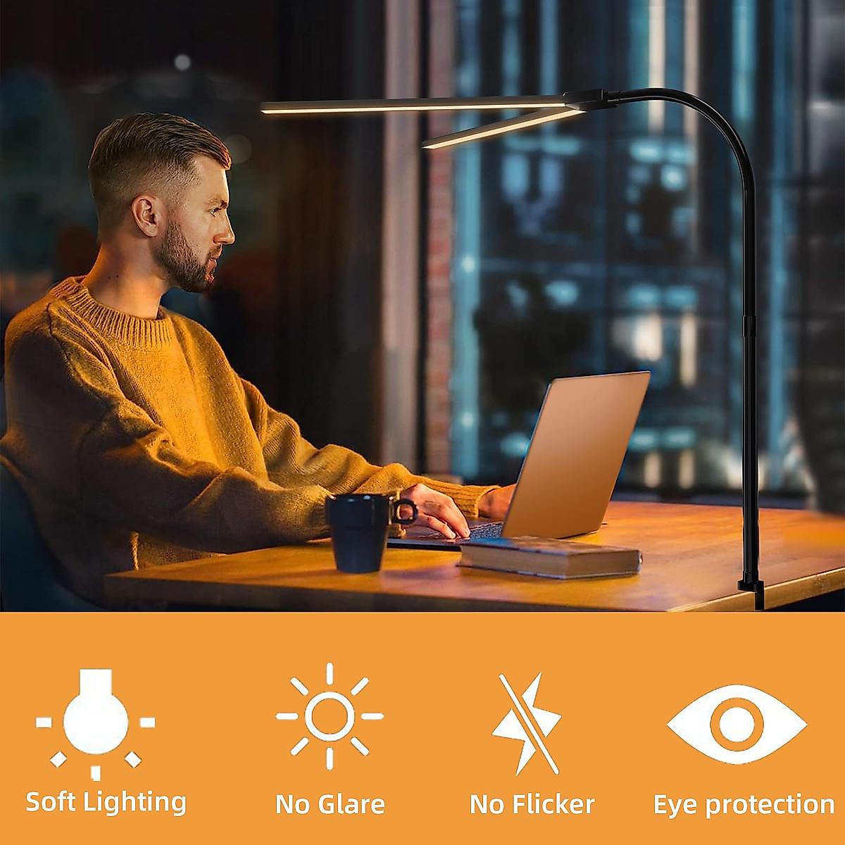 Mellkang Double Head Gooseneck Desk Lamp with Remote, 31.5 inch Super Wide 24W Bright Architect Table Lights with Clamp, Dimmable Eye Protection Lamp for Reading, Monitor or Studio Tasks