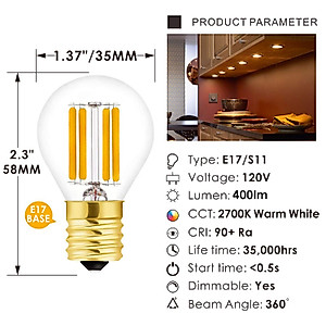 Hizashi Super Mini Globe S11 LED Light Bulb, Dimmable, 4W E17 Intermediate Base 40S11 LED Filament Replacement Bulb, 40 Watt Equivalent, Warm White 2700K for Cabinet, Closet, Desk Lamp - 4 Pack