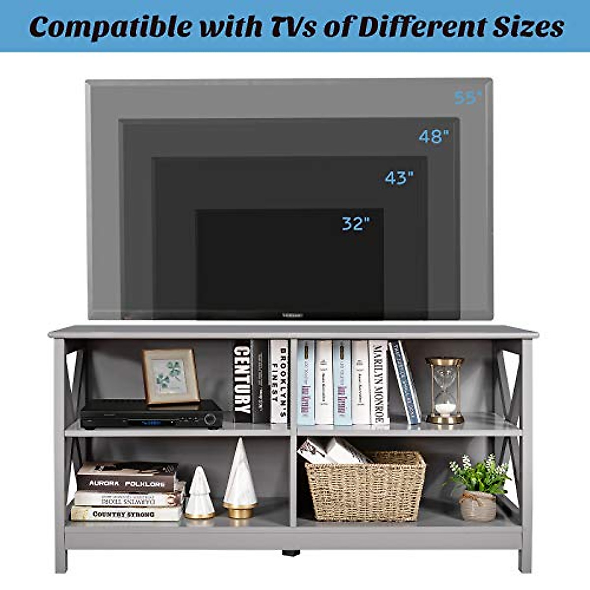 Tangkula TV Stand for TVs up to 55 Inches, 47" Farmhouse Entertainment Center with 4 Open Shelves & Built-in Cable Holes, TV Console Table with X-Shaped Frame for Living Room (Grey)