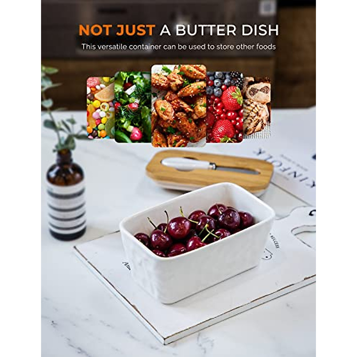 Large Butter Dish with Lid for Countertop Porcelain Butter Container with Knife Double Silicone Seal Butter Dishes with Covers Perfect for West or East Coast Butter, Unique Stone Pattern White