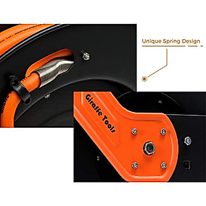 Giraffe Tools TA15 Retractable Air Compressor Hose Reel Swivel 3/8" x 50 ft Hybrid Hose, Ceiling/Wall Mounted Heavy Duty Industrial Commercial Reel, 300PSI, 50ft, Tangelo
