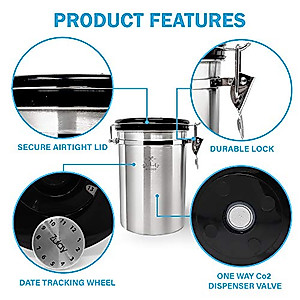 Zulay (Large) Airtight Coffee Canister - Stainless Steel Coffee Storage Canister with Scoop - Features Include a Date Tracker, Built-In One-Way CO2 Valve & 2 Spare Filter Replacements