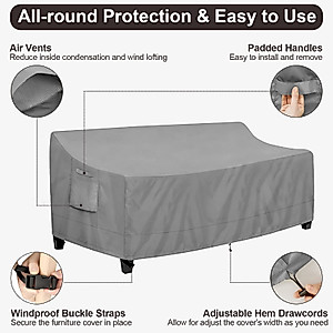 PureFit Outdoor Couch Cover Waterproof Patio Sofa Furniture Covers, 3-Seater Outdoor Cover with Air Vent and Handles, 85W x 35D x 35H Inches, Gray