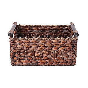Storage Basket made by Water Hyacinth with Wood Handles, Arts and Crafts. (RectangleA-Medium)