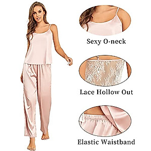 DUWMCON Womens Sexy Pajamas Silk Satin Sleepwear Lace Backless Camisole Pants Nightwear Scoop Neck PJ Set for Women Classic Loungewear Pink