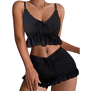 SweatyRocks Women's 2 Piece Lingerie Set Ruffle Trim Tie Front Cami Top and Shorts Sleepwear Black L