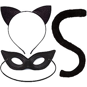 FUEAWIM Black Cat Costume Cat Ears Tail and Masquerade Eye Cover for Women Girls Halloween Cosplay Accessory