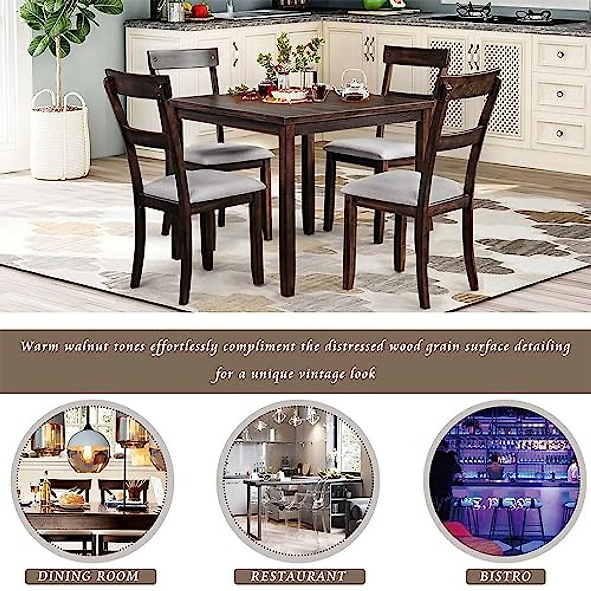 Appot AT-ST000036AAP 5 Piece, Industrial Wooden Table and 4 Chairs, Kitchen & Dining Sets for Dining, Kitchen, Bar, Living Room, Breakfast Nook, Espresso