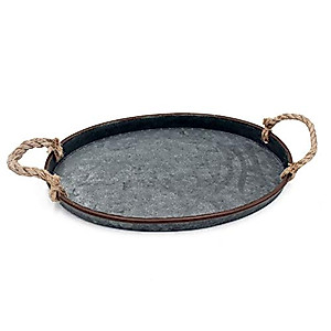 Funerom 13.9X 8.8 inch Galvanized Metal Oval Tray with Rope Handle，Farmhouse Serving Tray.