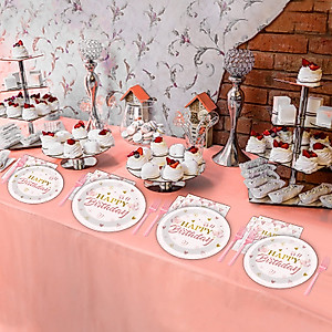 96 Pieces Pink Birthday Tableware Set for Pink Rose Gold Birthday Table Decorations Supplies Birthday Dessert Plates Napkins Forks Women Birthday Disposable Party Favors 24 Guests