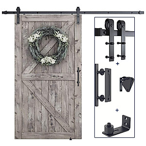 8ft Heavy Duty Sliding Barn Door Hardware Kit(J Shape) + Barn Door Bottom Adjustable Floor Guide Roller + 12" Pull and Flush Barn Door Handle + Barn Door Large Size Latch Lock