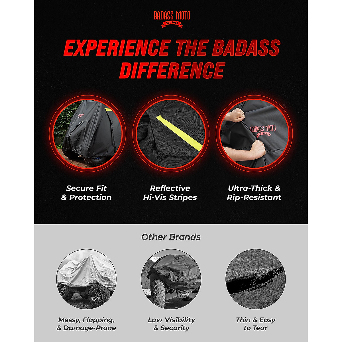 Badass Moto ATV Covers Waterproof Outdoor Heavy Duty, Rip-Resistant, Night-Reflective Quad Cover, 4 Wheeler Cover, Easy-Access Zipper & Vents Four Wheeler Accessories - ATV Gifts, Large 95" Long