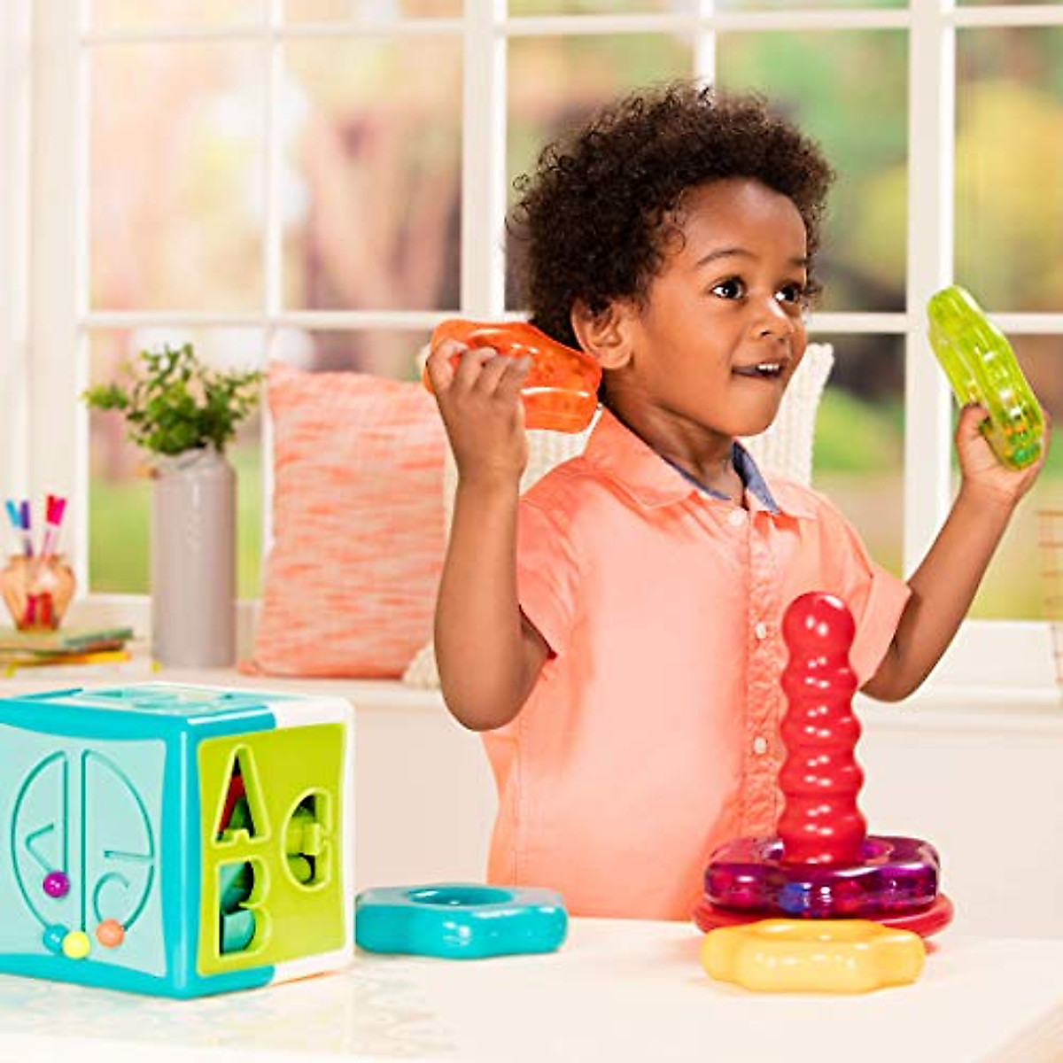 Battat – Sort & Stack Combo – 17-Piece Sensory Sorting Set – Activity Cube With Bead Maze – Educational & Dexterity Toys – 2 Years + – Shape Sorter Cube + Stacking Rings