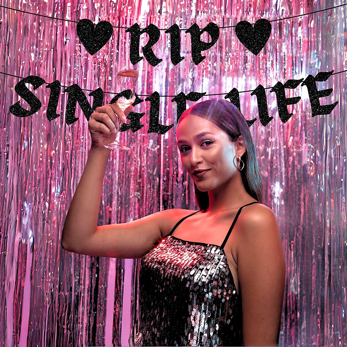 Pre-Strung RIP Single Life Banner - NO DIY - Black Glitter Bachelorette Bridal Party Banner - Pre-Strung Garland on 8 ft Strand - Black Till Death Do Us Party / Bride or Die Theme Bachelorette Party