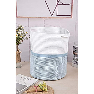M Size Blue White Laundry Basket with Handles Toy Basket Clothes Hamper Home Decor Basket Towel Storage Woven Blanket Basket Cotton Rope Decorative Blanket Basket,Environmental Protection Material
