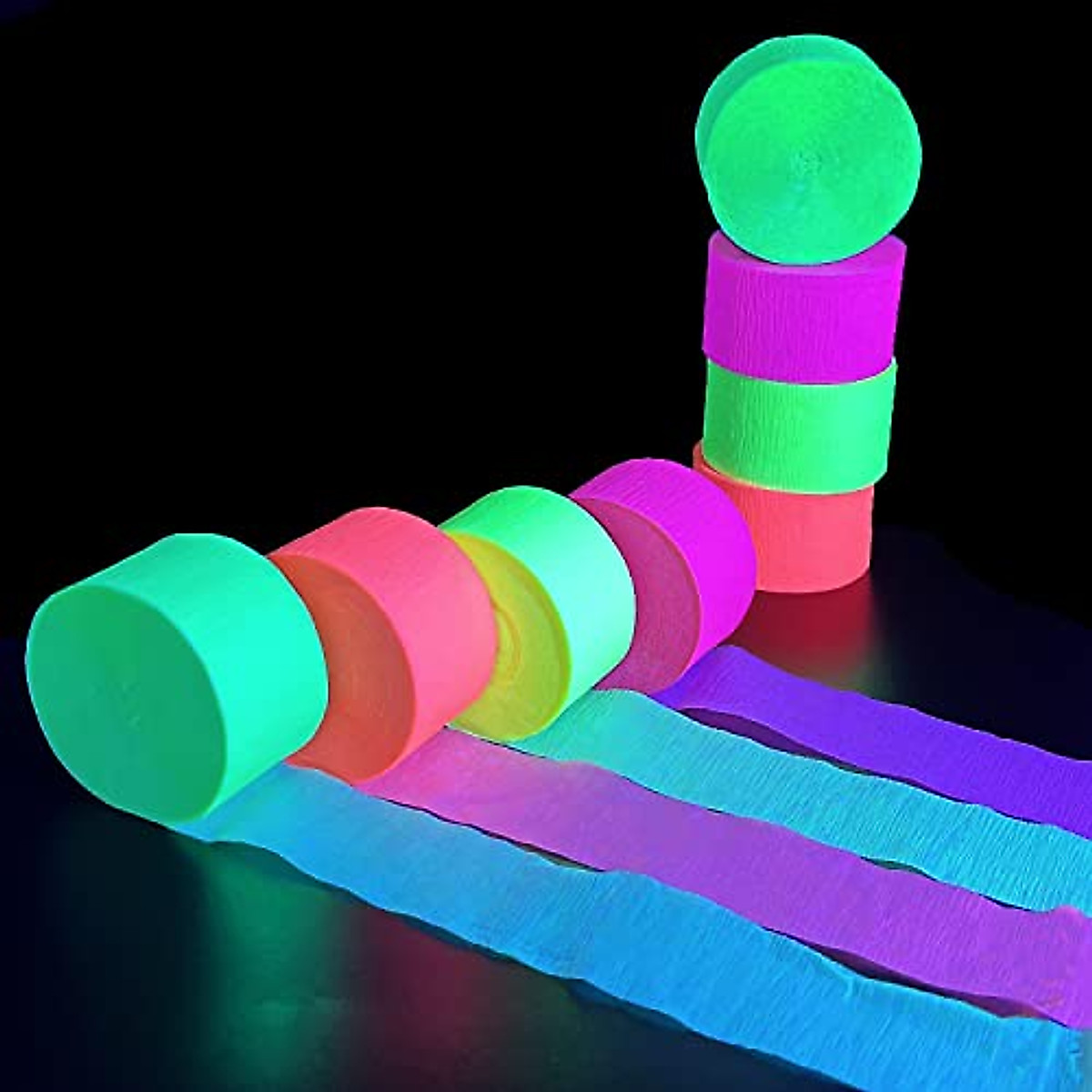 400feet Blacklight Party Streamer Decorations 4 Rolls Glow Crepe Paper UV Reactive Fluorescent Neon Paper Streamers Glow Party Supplies and Decorations for Wedding, Birthday, Neon Party, Fiesta Party
