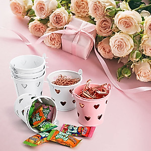 Tosnail 20 Pack Mini Metal Buckets with Handle, Small Tin Buckets for Party Favors, Candy Buffet Containers - Pink and White with Heart-Shaped Hollow