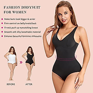 Nebility Women Waist Trainer Shapewear Slim Body Shaper Deep V Neck Thong Bodysuit Tummy Control Jumpsuit Tops (M, Black)