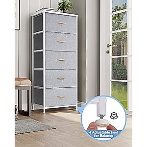 Crestlive Products Vertical Dresser Storage Tower - Sturdy Steel Frame, Wood Top, Easy Pull Fabric Bins, Wood Handles - Organizer Unit for Bedroom, Hallway, Entryway, Closets - 5 Drawers (Light Gray)