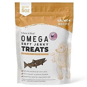 Chew + Heal Labs Omega Salmon Jerky Dog Treats - 5 oz of Soft Salmon Jerky for Skin and Coat - Made with Wild Alaskan Salmon, Flaxseed, Oat Flour, and More - Made in The USA