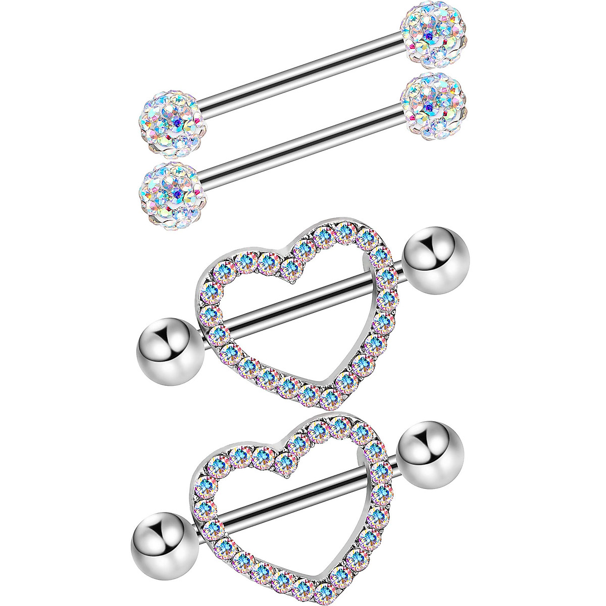 JOVITEC 2 Pairs Stainless Steel Nipple Ring CZ Barbell Rhinestone Nipple Studs for Nipple Tougue Body Piercing, 14 G (AB clolor)