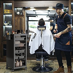 Paddie Salon Rolling Cart for Hair Stylist, 4 Organized Drawers, 2 Storage Baskets, Hairdryer & Tools Holder, Flexible Combination