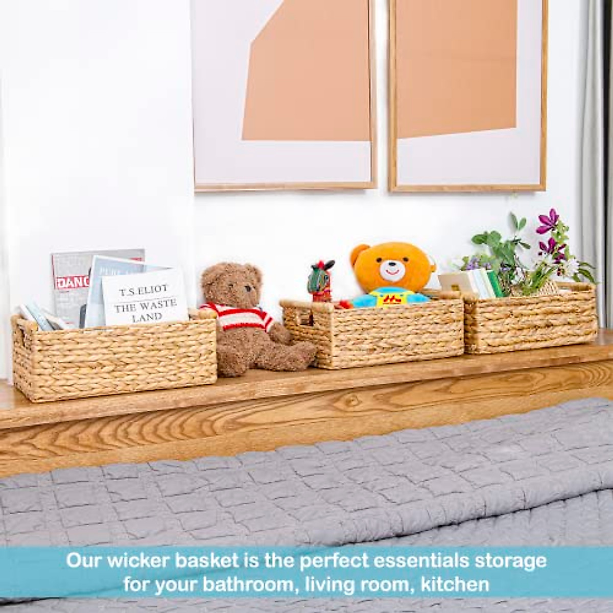 Large Wicker Basket Rectangular with Wooden Handles for Shelves, Water Hyacinth Basket Storage, Natural Baskets for Organizing, Wicker Baskets for Storage 15.5 x 10.8 x 6.2 inches