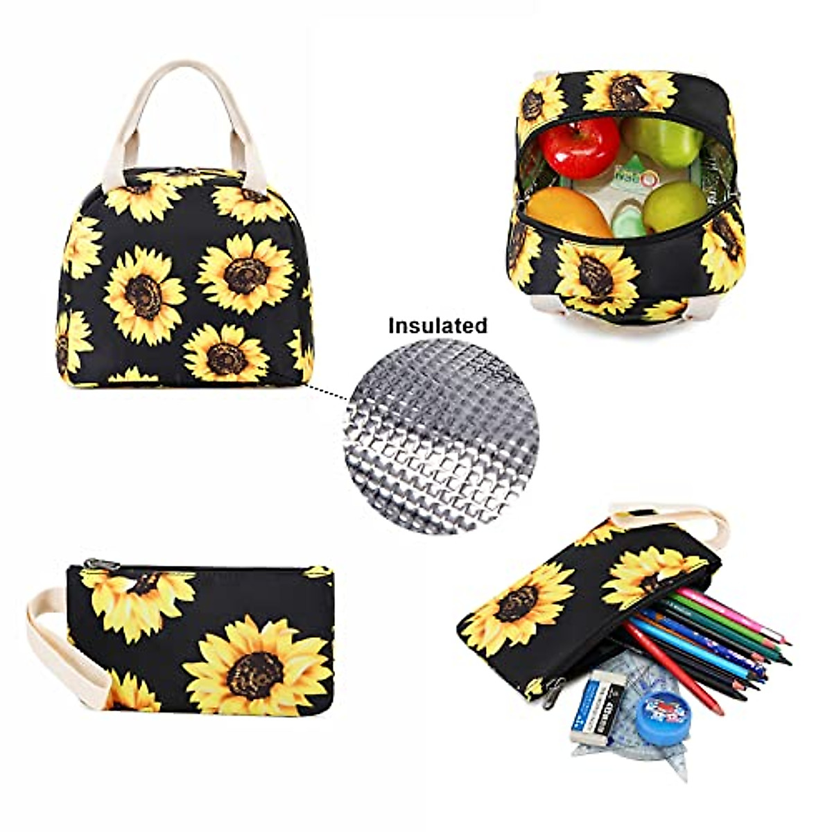 Sunflower Backpack Set for Teen Girls Bookbag School backpack Set with Lunch Bag and Pencil Bag 3 in 1