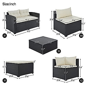 EPOFIT 9 Pieces Wicker Patio Furniture Sets, All-Weather Outdoor Sectional Couch, PE Rattan Patio Sofa Conversation Sets with Cushions and Glass Top Table, Black & Beige