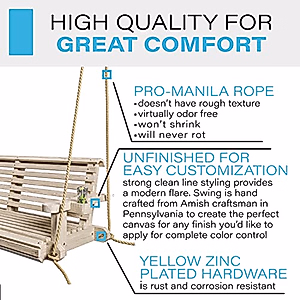 Porchgate Amish Heavy Duty 800 Lb Roll Comfort Treated Porch Swing W/ Ropes (5 Foot, Unfinished)