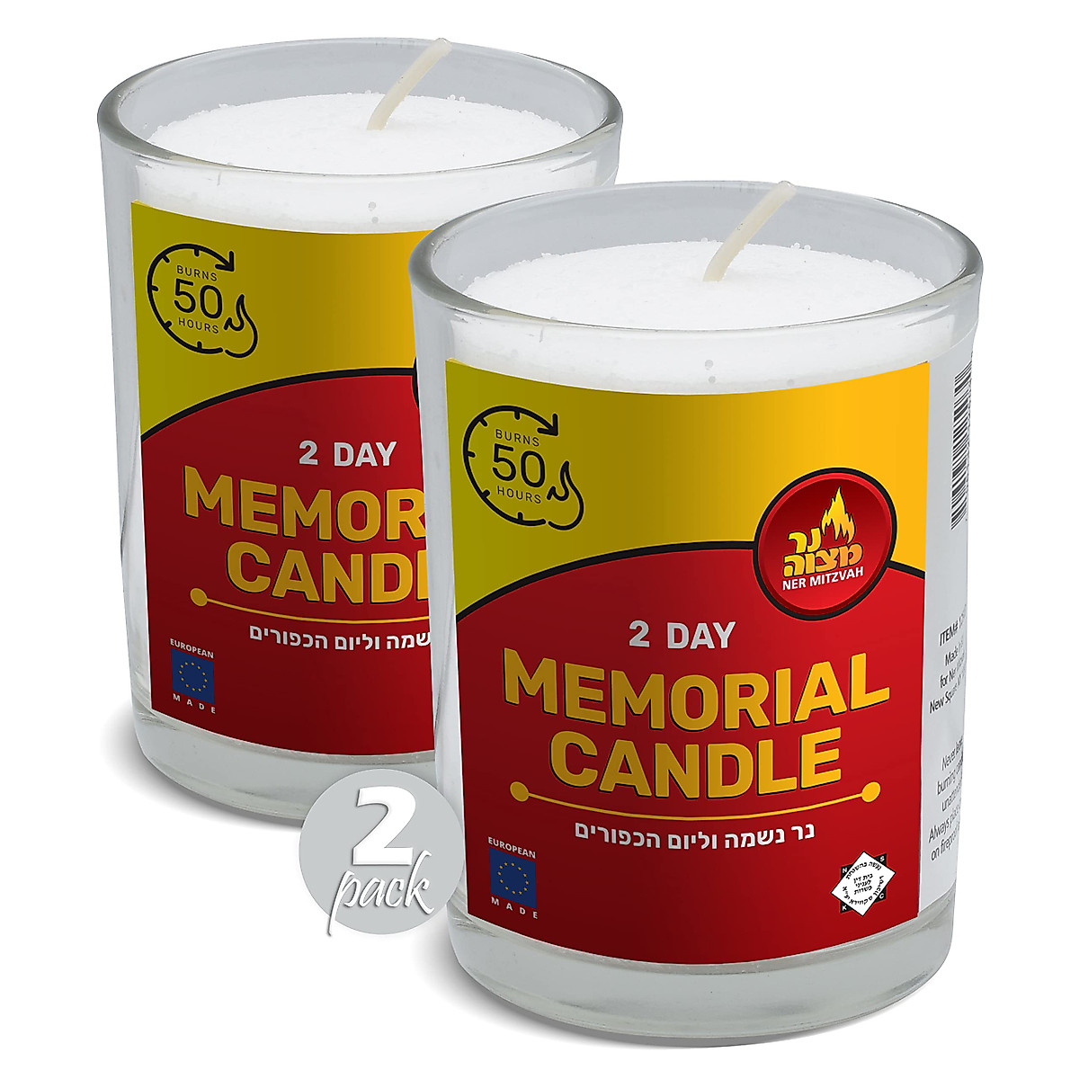Ner Mitzvah Yahrzeit Memorial Candles - 2 Day Yahrzeit Candle - Yartzeit Candles 48 Hour Yom Kippur Jewish Candles in Glass Tumbler - 2 Pack