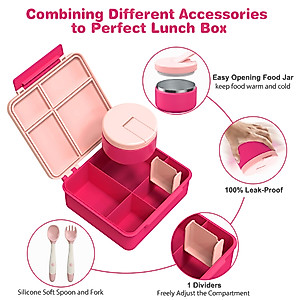 Pawtong Bento Lunch Box with 8oz Soup Thermo, Kids Leakproof Lunch Food Containers with 4 Compartment, Kids Thermo Insulated Hot Food Jar for School, Trvael - (Pink)